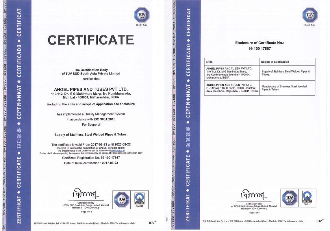 Certification - Angel Pipes & Tubes Pvt. Ltd.